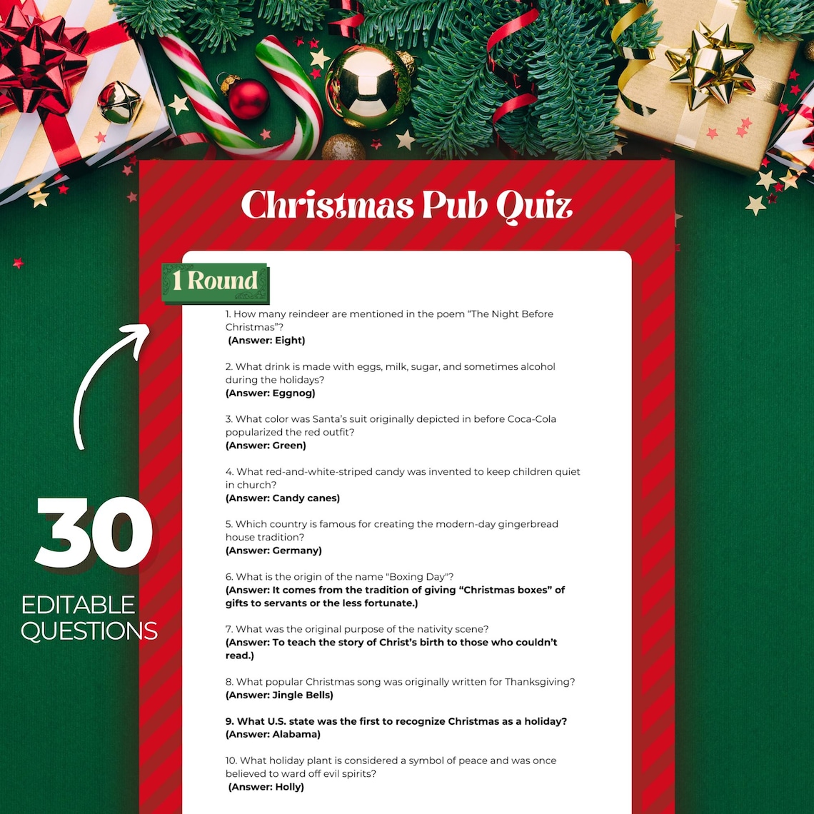 Printable Christmas Quiz Christmas Pub Quiz Xmas Family Reunion Games ...
