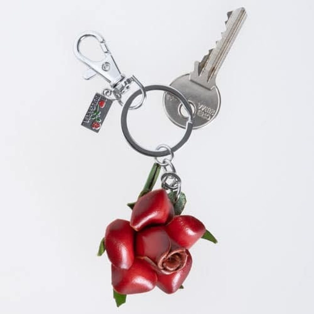 RED ROSE Key Ring Genuine Leather Key Chain Original Flower - Etsy