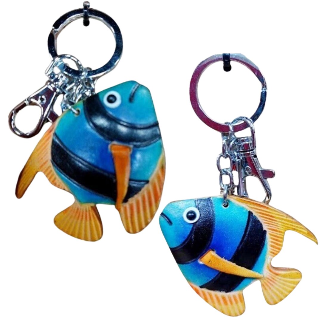 BLUE FISH Keyring, SEPIA Original Design, Genuine Leather Keychain ...
