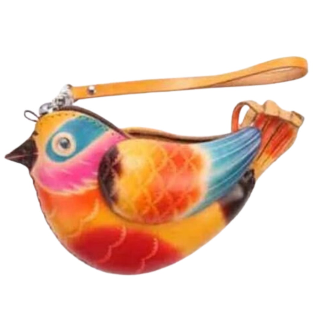 Colorful FINCH BIRD Purse, Genuine Leather COIN Holder, Removable ...