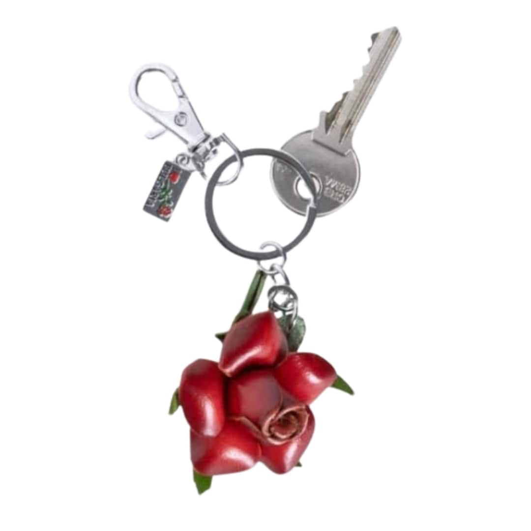 RED ROSE Key Ring, Genuine Leather Key Chain, Original Flower Shape ...