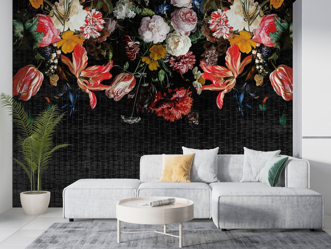 Black Dark Floral Wallpaper, Flower Wallpaper, Peel and Stick ...