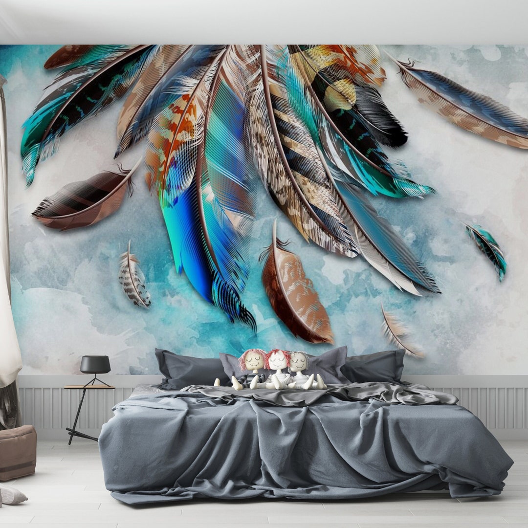 Colorful Feather Wallpaper, Natural Peel and Stick Wall Mural, Modern ...