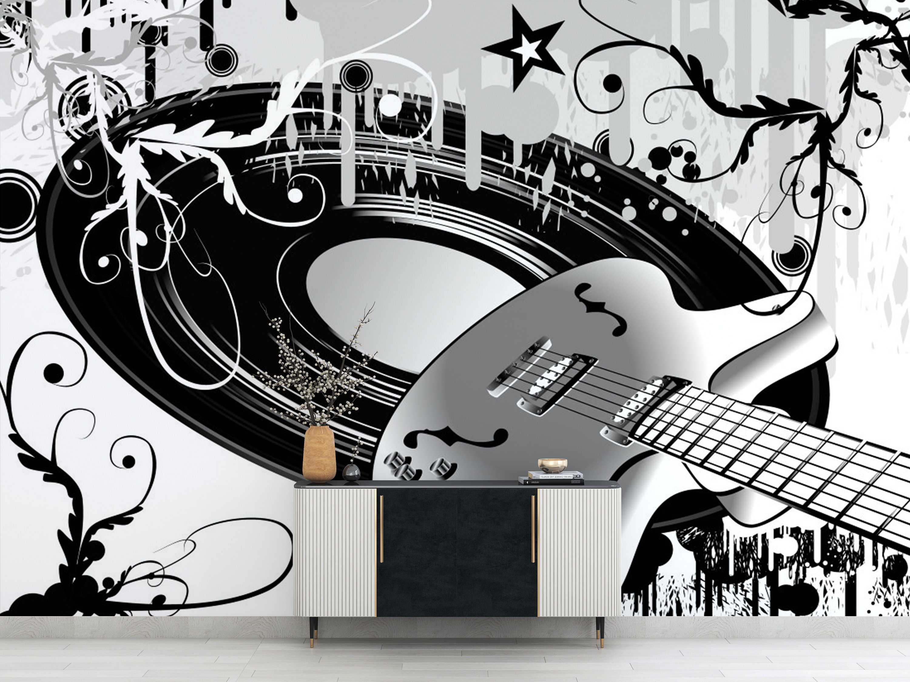 Electric Guitar Wallpaper Music Notes Decal for Wall Music - Etsy