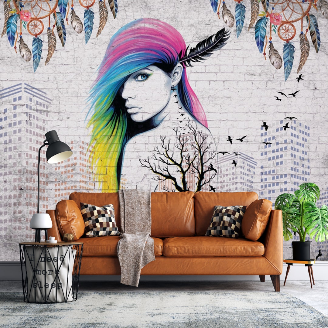 Colorful Woman Wallpaper, Peel and Stick Wall Art, Woman Hair Wall ...