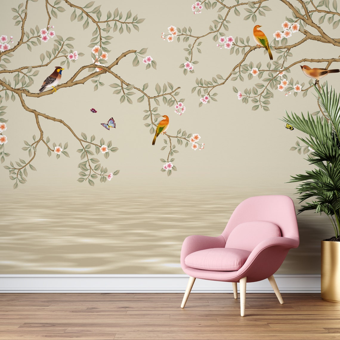 Chinoiserie Wallpaper Trees Bird Wallpaper Background - Etsy