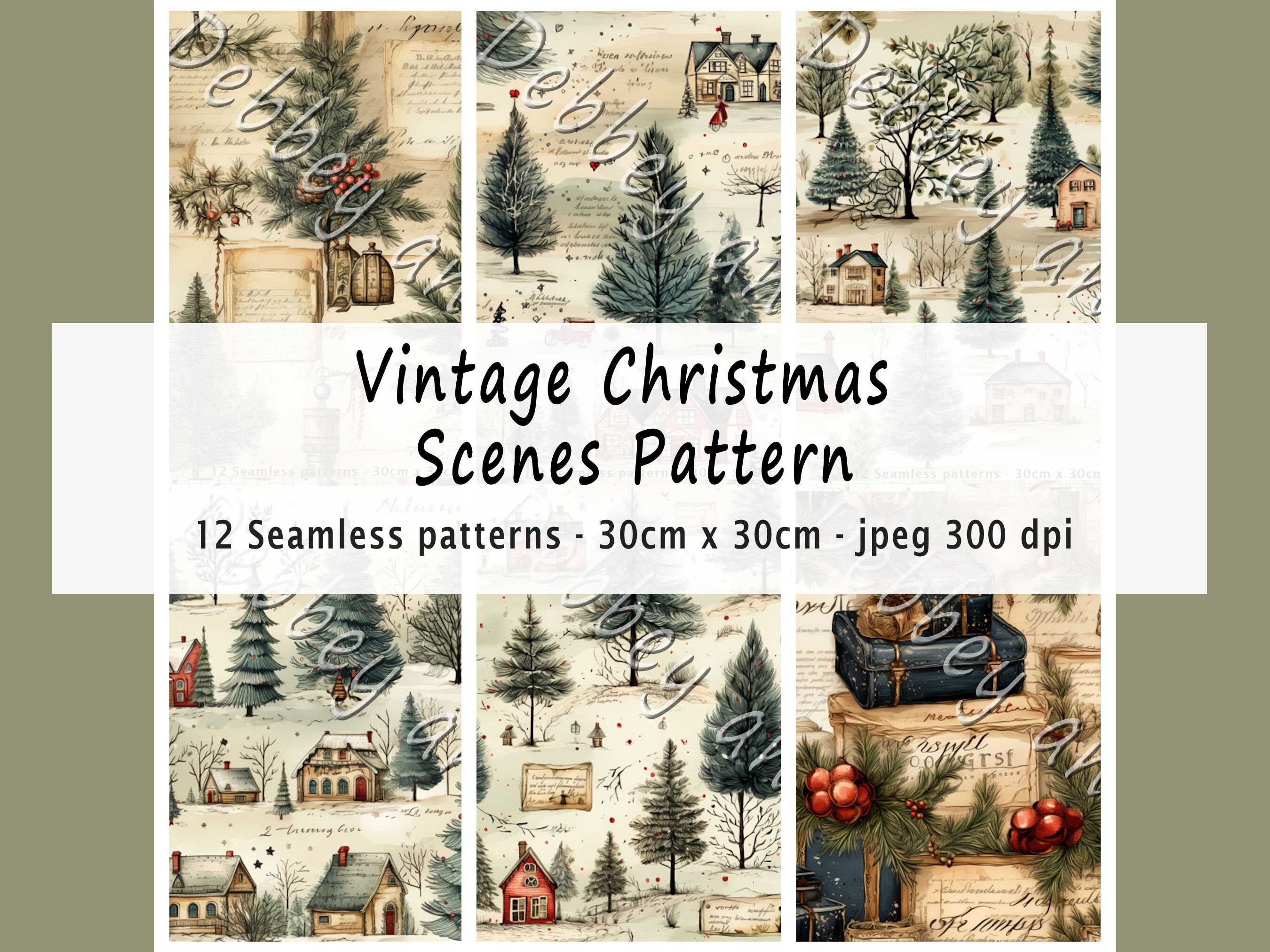Christmas Vintage Scene Digital Paper – 12 Seamless Holiday Patterns ...