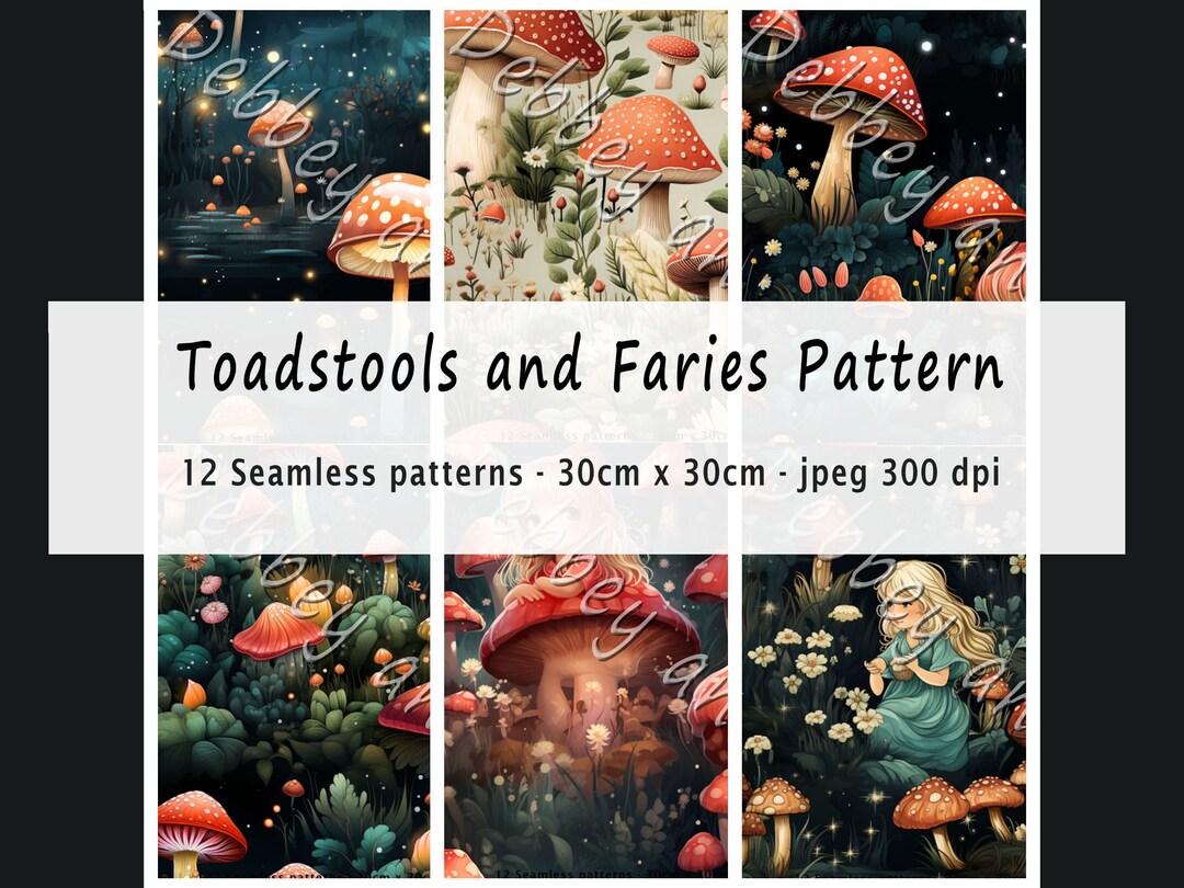 Toadstools and Faries, Digital Paper, 12 SEAMLESS Patterns, Commercial ...