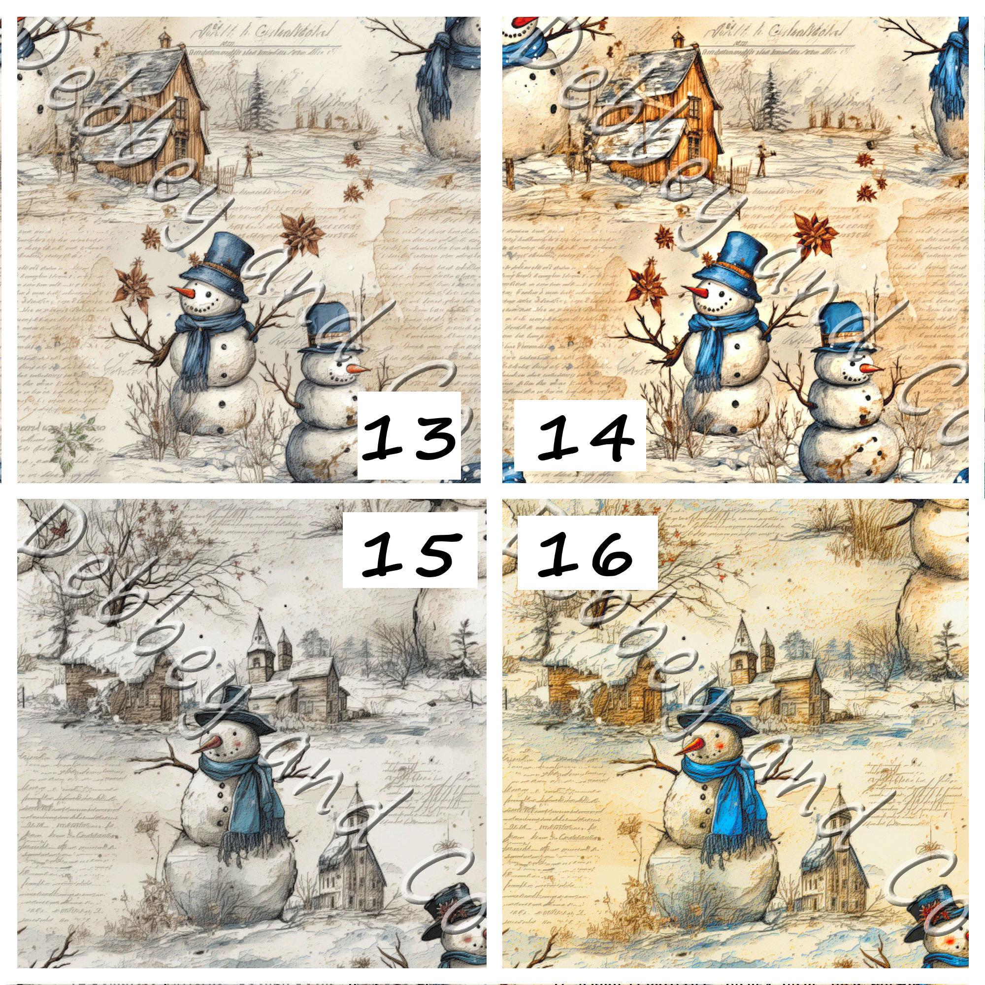 Vintage Winter Scene With Jolly Snowmen Digital Paper – 12 Seamless ...