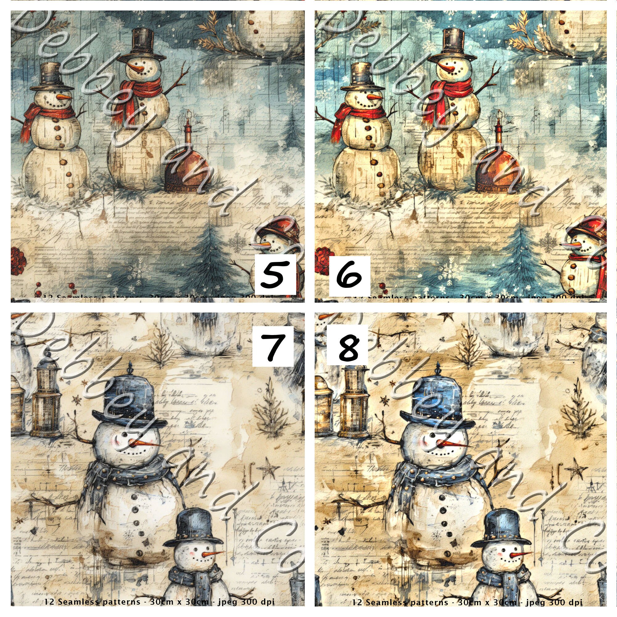 Vintage Winter Scene With Jolly Snowmen Digital Christmas Paper , 12 ...