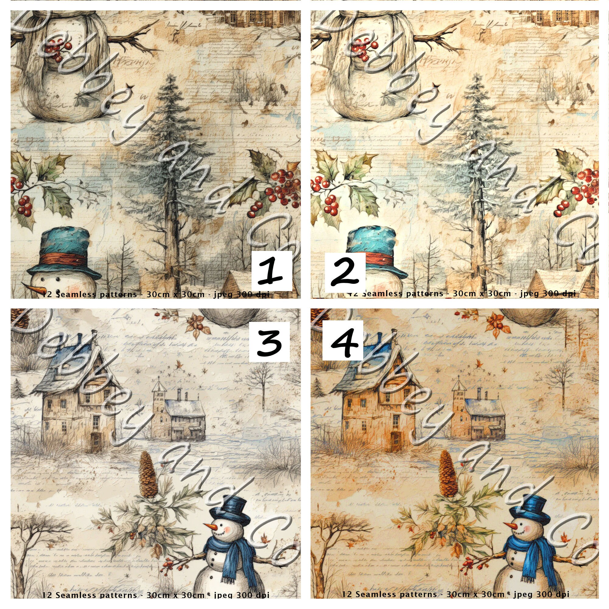 Vintage Winter Scene With Jolly Snowmen Digital Christmas Paper , 12 ...