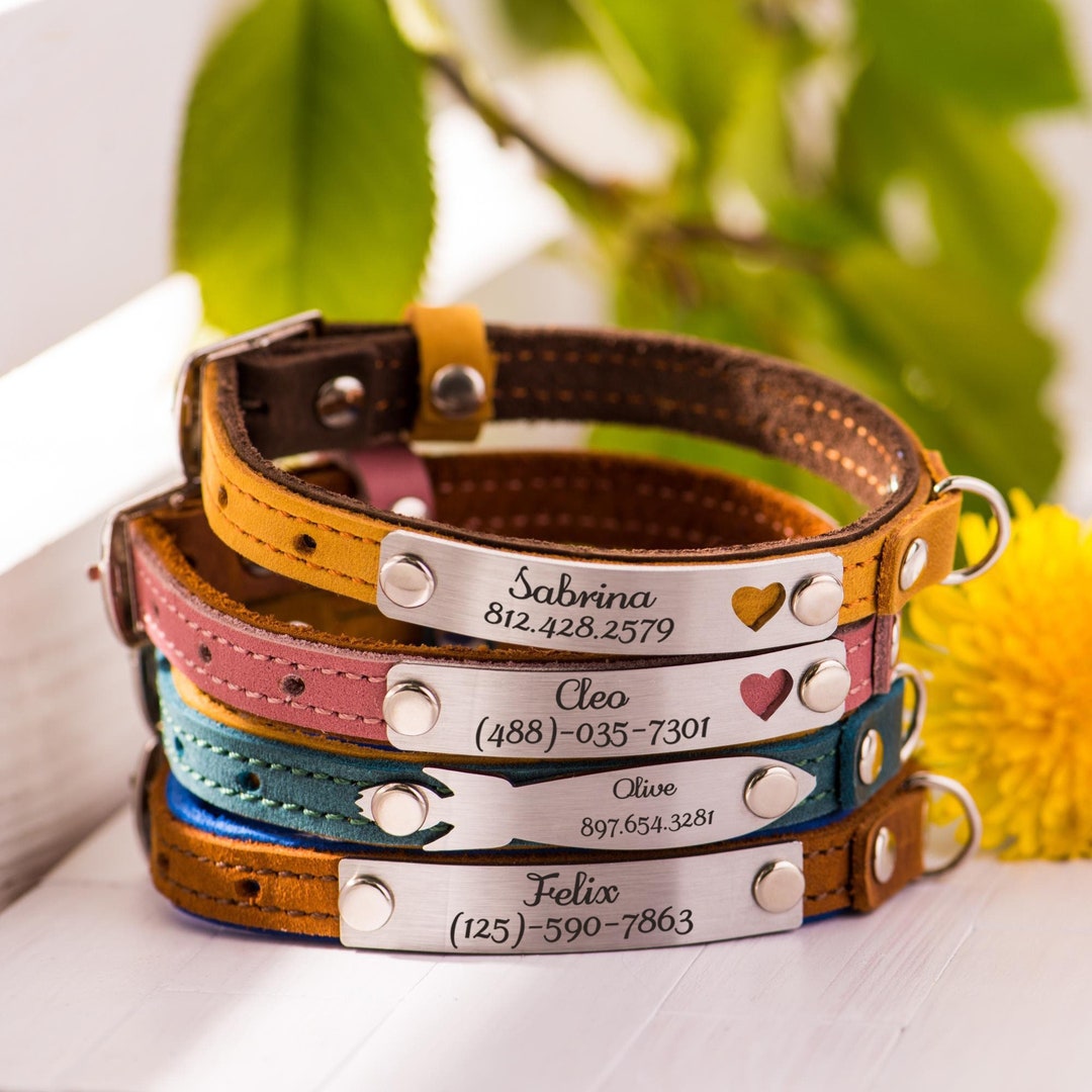 Leather Cat Collar With Name, Engraved Cat Collars With Id Tag ...