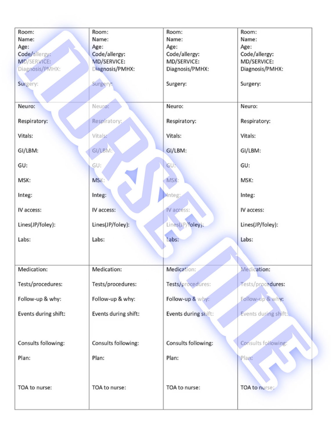 Nursing Report Sheet for 4 Patients, Medical Floor Nursing, TOA Report ...