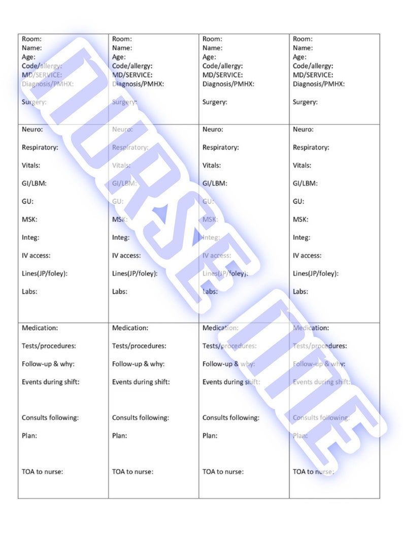 Nursing Report Sheet for 4 Patients, Medical Floor Nursing, TOA Report ...