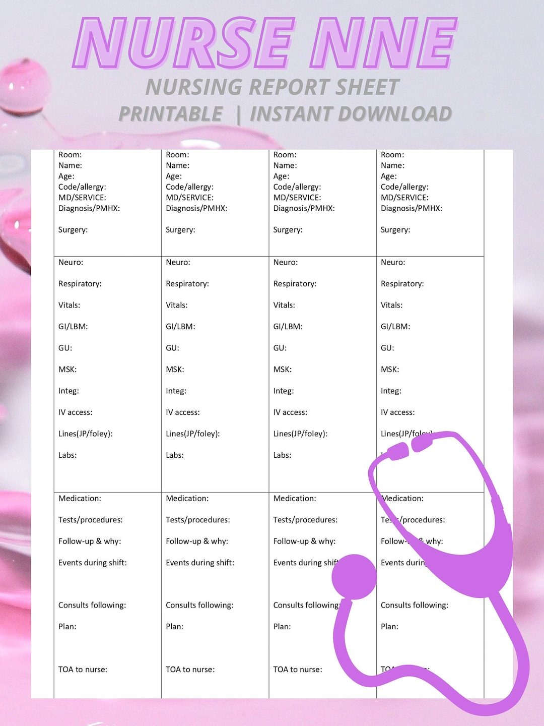 Nursing Report Sheet for 4 Patients Medsurg Floor TOA - Etsy