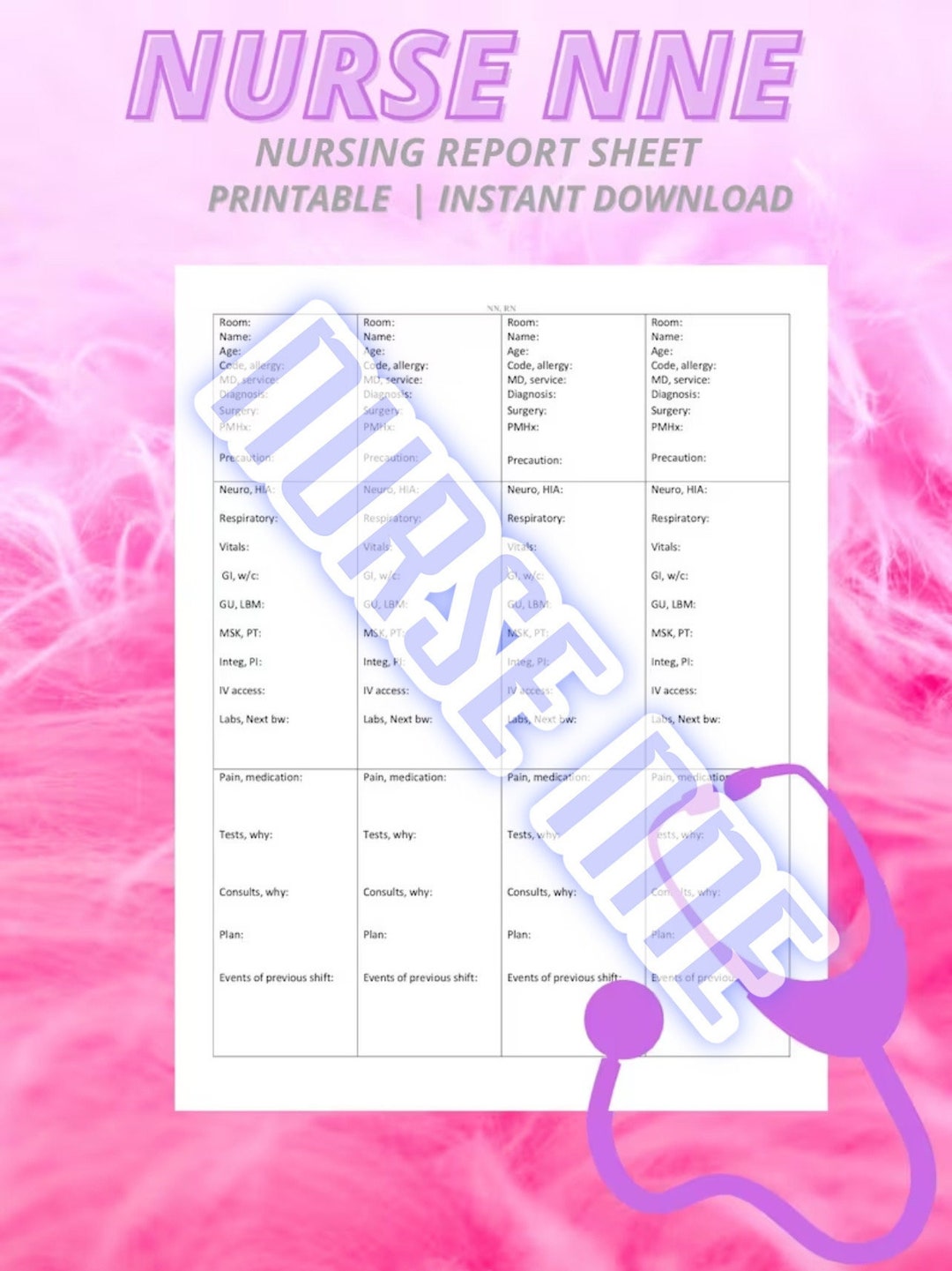 Nursing Report Sheet for 4 Patients (printable PDF) - Etsy