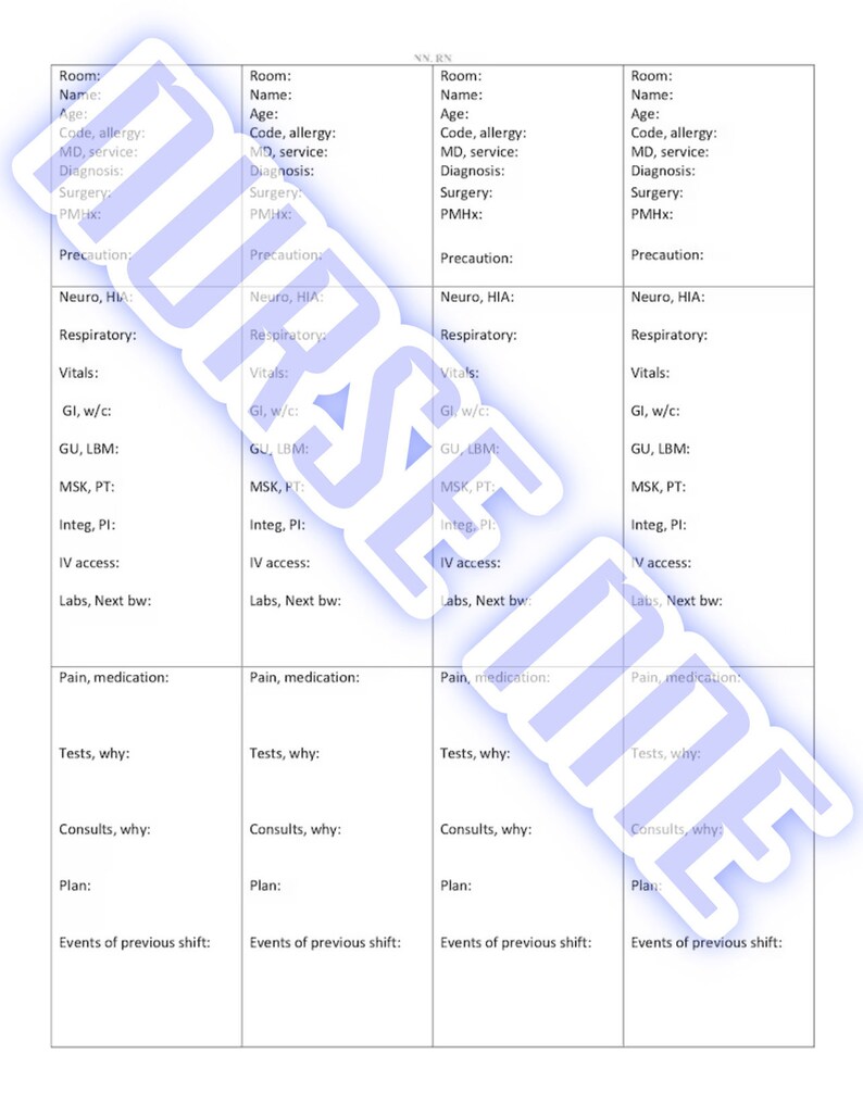 Nursing Report Sheet for 4 Patients (printable PDF) - Etsy