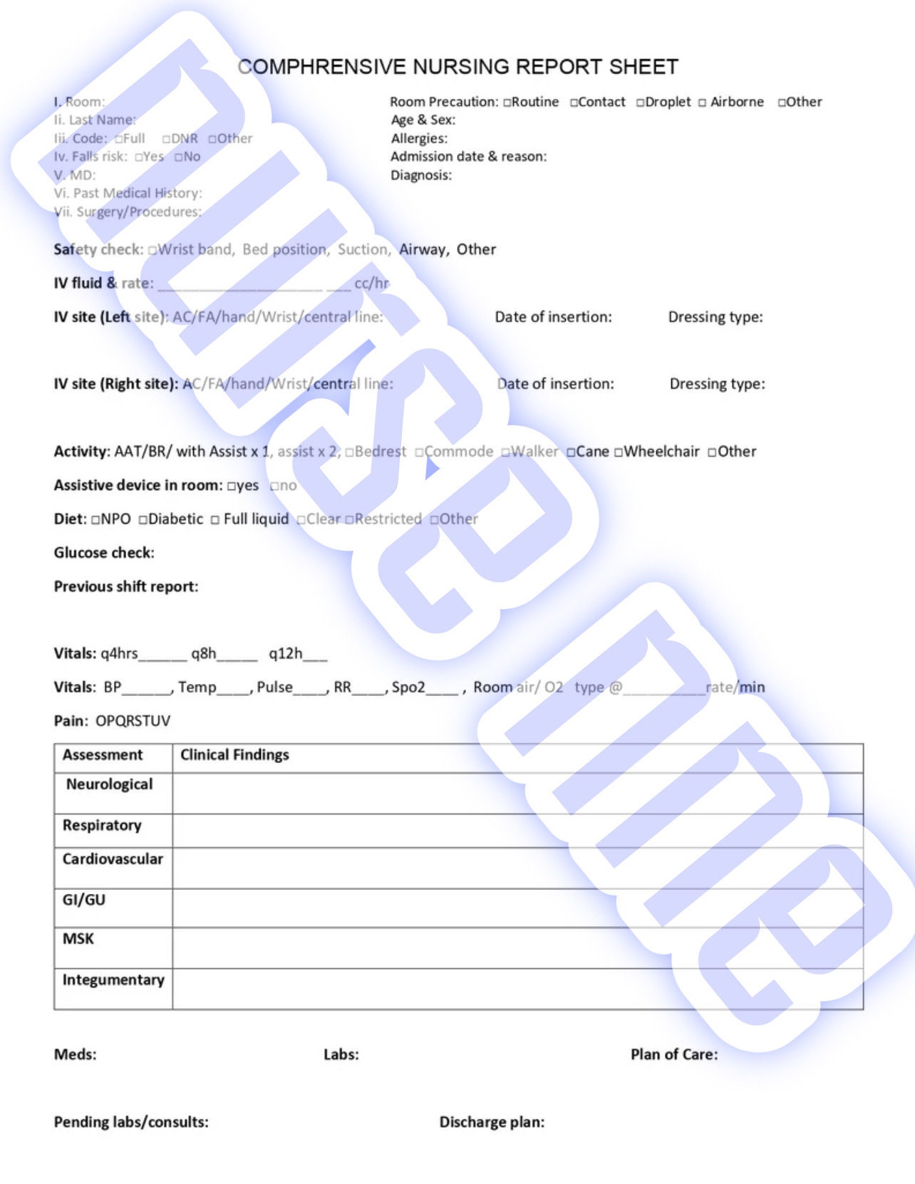 Nursing Report Sheet for 1 Patient, Medical Floor Nursing, TOA Report ...