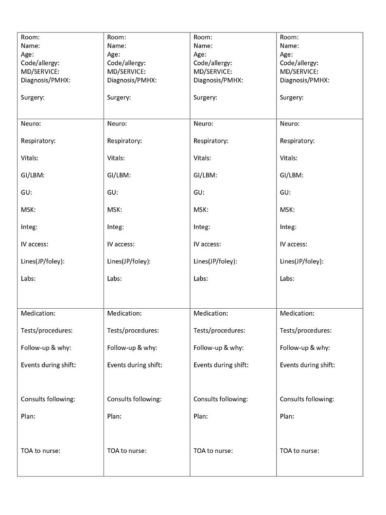 Nursing Report Sheet for 4 Patients Medsurg Floor TOA - Etsy