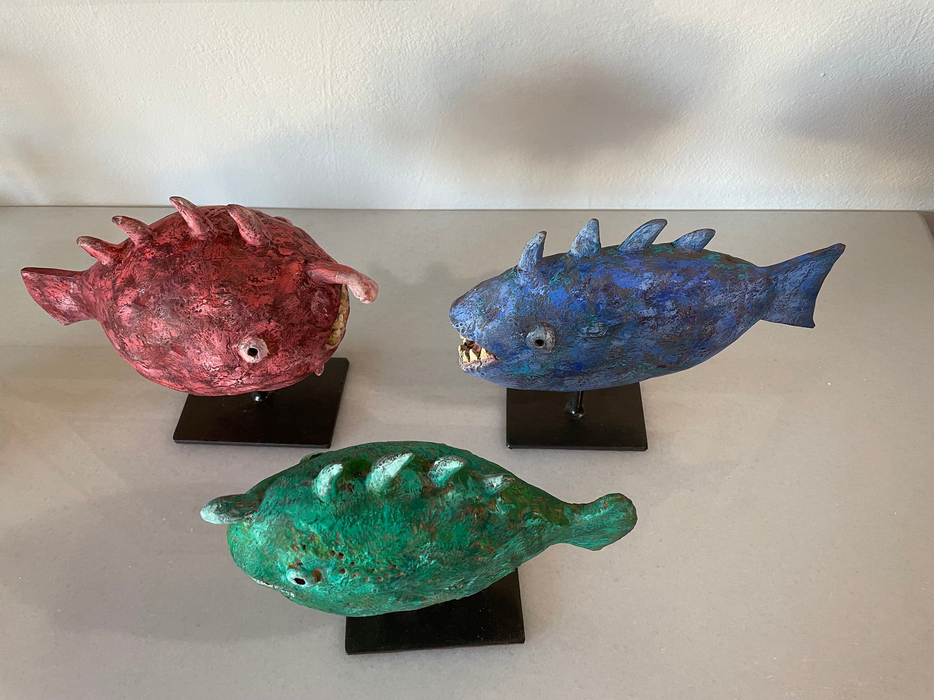 Blue Ceramic Fish Sculpture on Wrought Iron Stand - Etsy