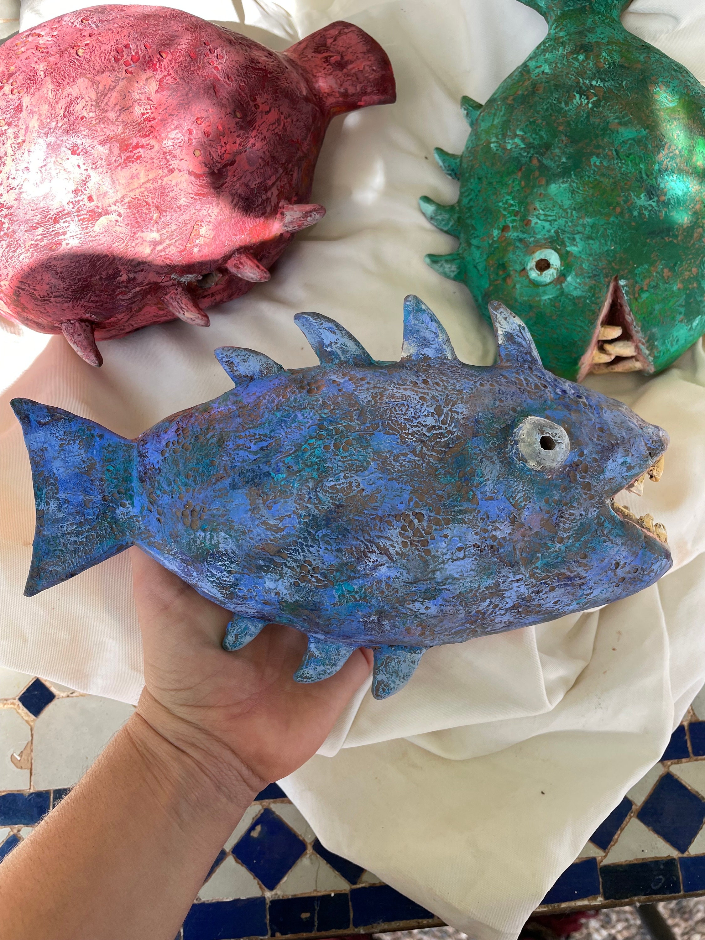 Blue Ceramic Fish Sculpture on Wrought Iron Stand - Etsy