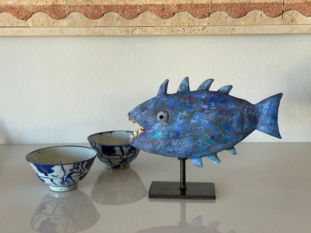 Blue Ceramic Fish Sculpture on Wrought Iron Stand - Etsy