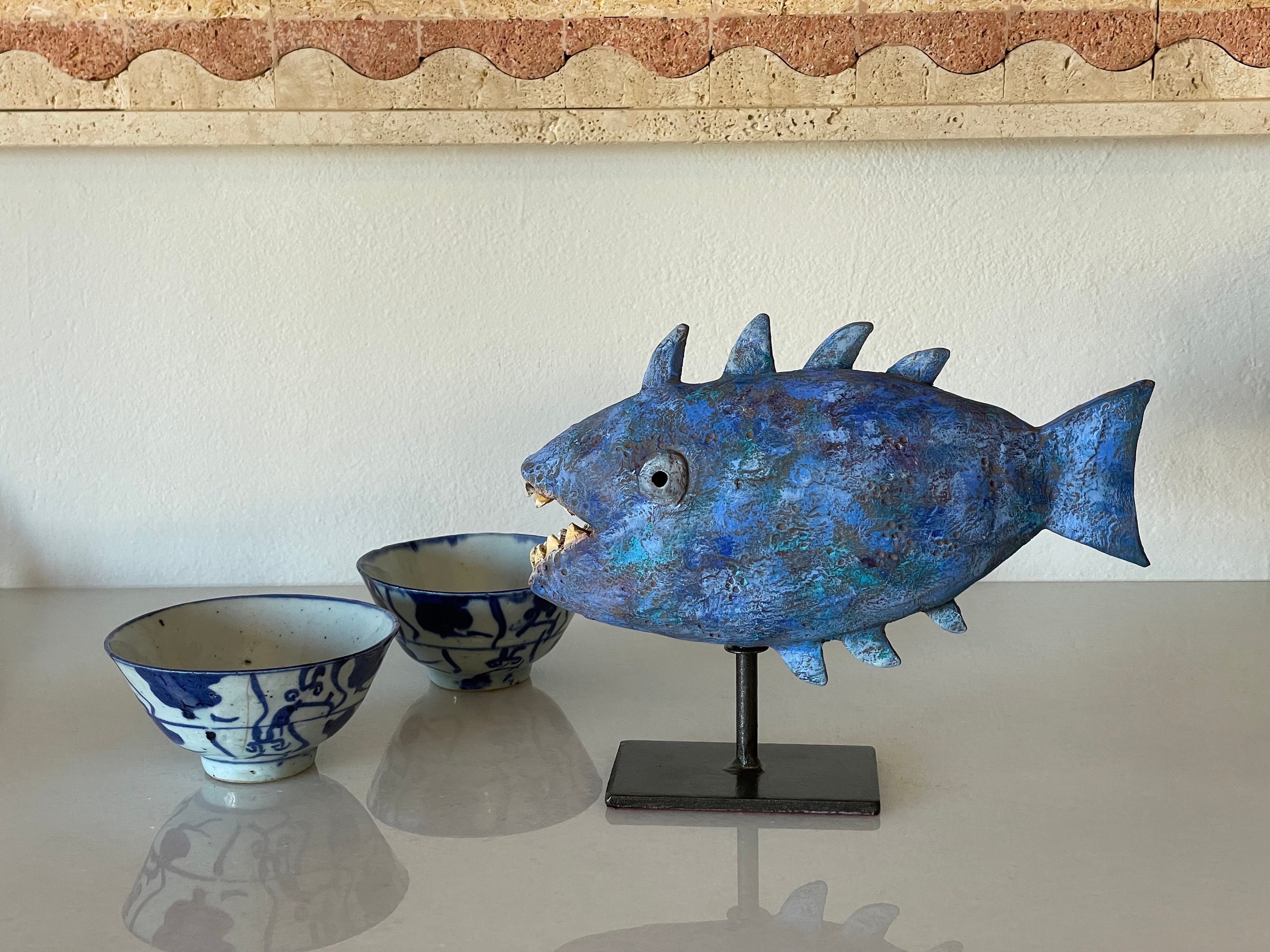 Blue Ceramic Fish Sculpture on Wrought Iron Stand - Etsy