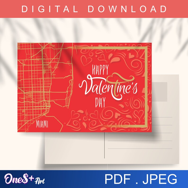 Printable Miami Map Happy Valentine's Day Digital Download - Etsy