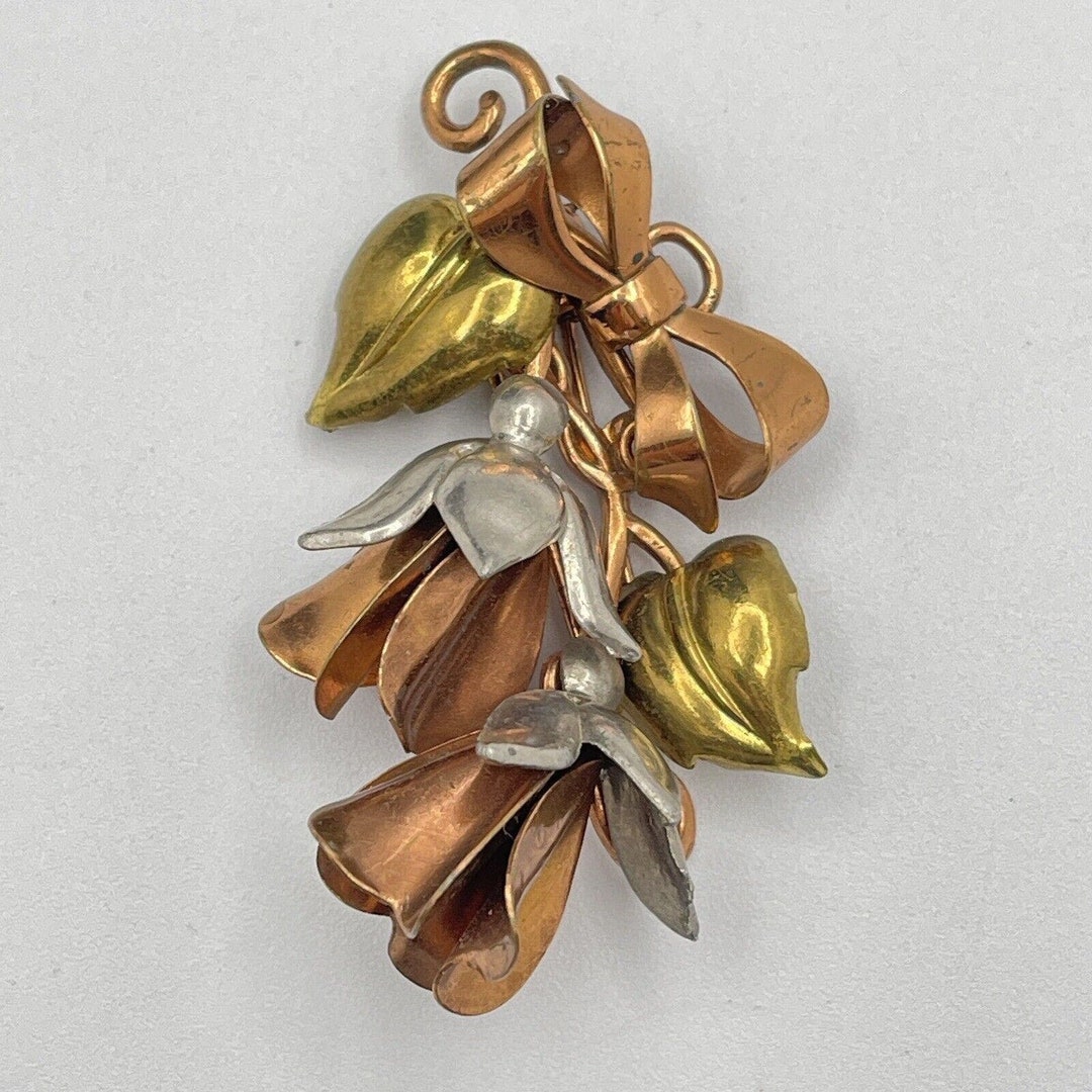 Vintage 1930s Copper Mixed Pot Metal Fur Clip Flower Pin MCM Retro 3 ...