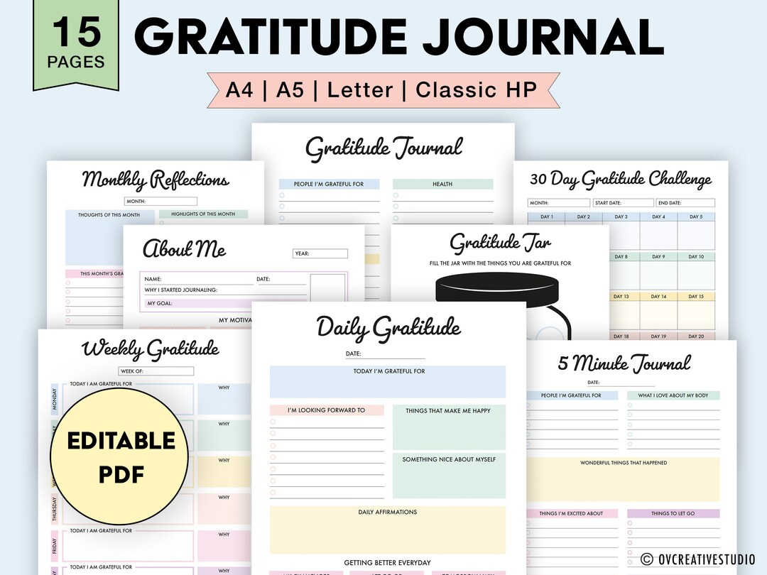 Gratitude Journal Printable Bundle | Editable, Digital PDF | Wellness ...
