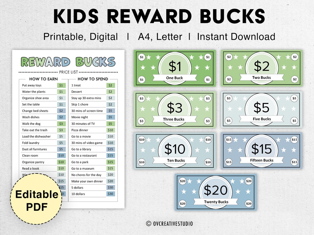 Editable Kids Reward Bucks | Printable | Mom Bucks, PDF Reward System ...