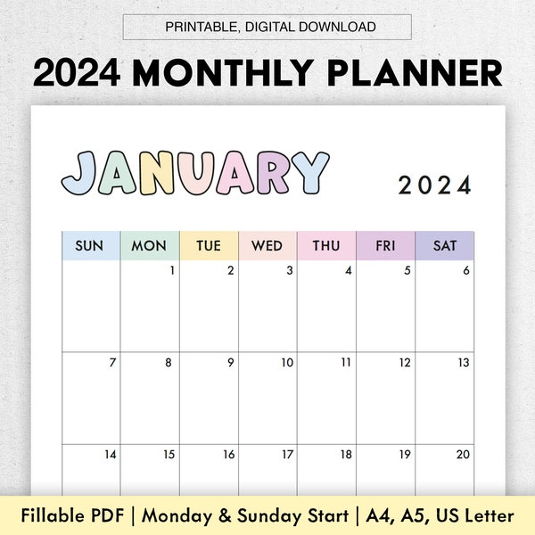 Fillable Monthly Calendar 2024 - Etsy