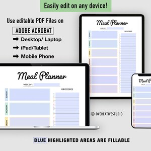 Editable Weekly Meal Planner, Grocery List | Printable, Digital | Meal ...
