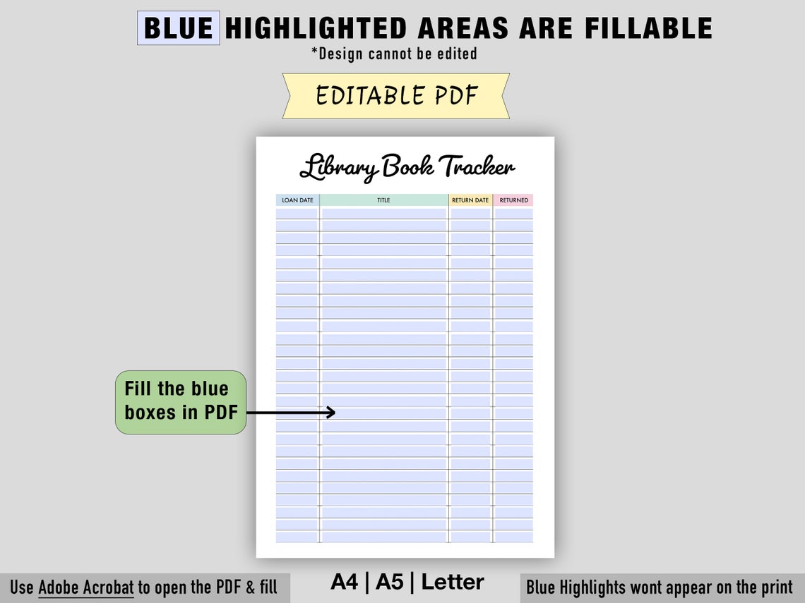 Library Book Tracker | Printable Book Log | Library Book Return ...