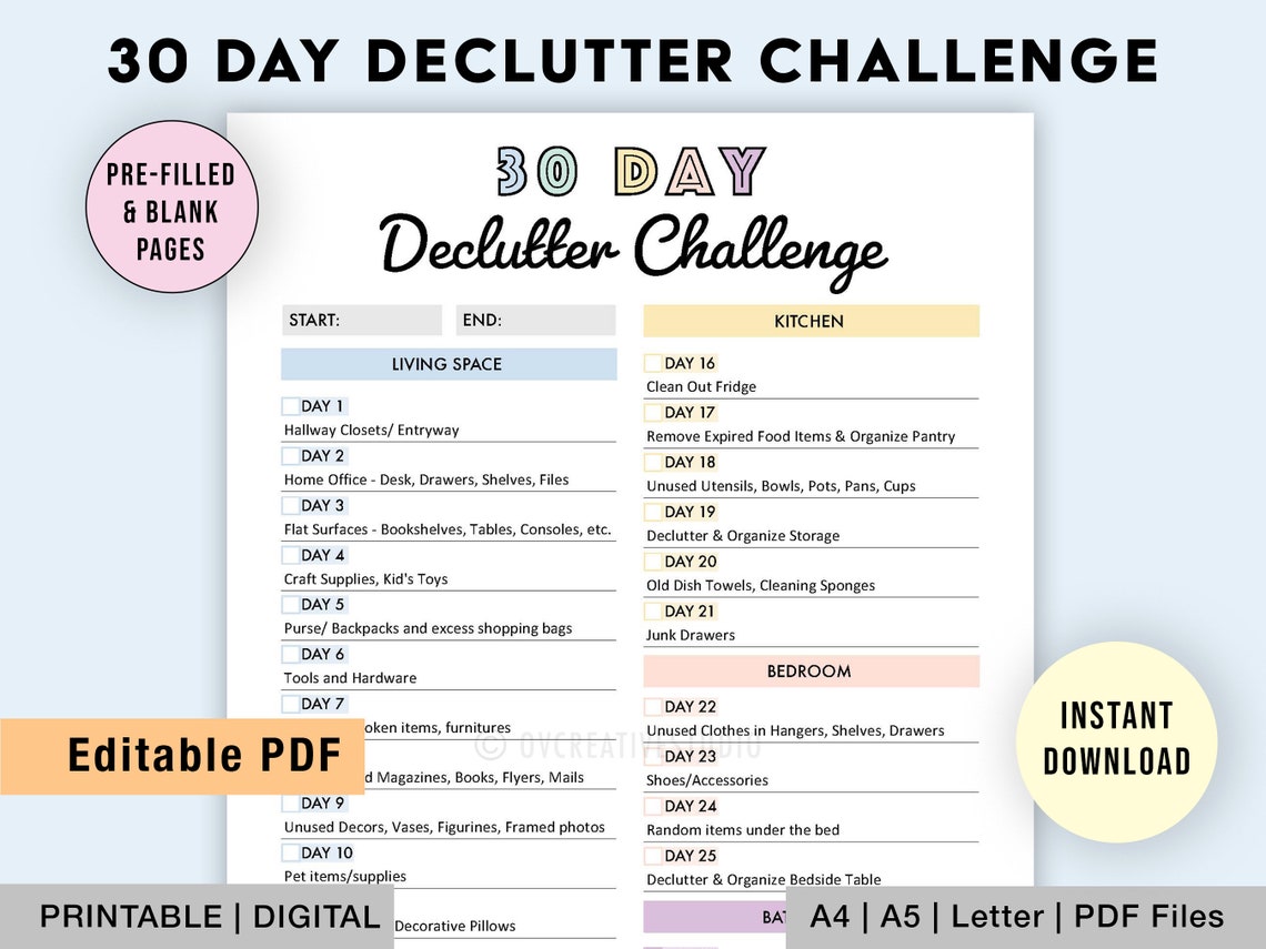 Editable Declutter Challenge Planner Printable Digital 30 - Etsy