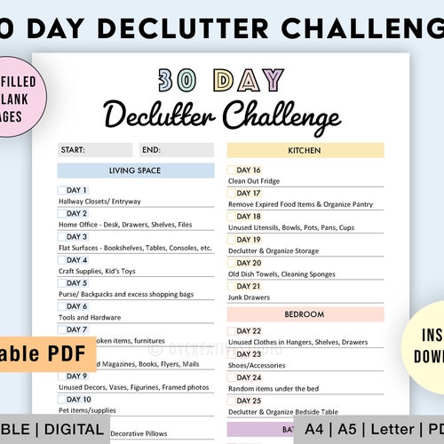 30 Day Declutter Challenge Printable Cleaning Planner - Etsy