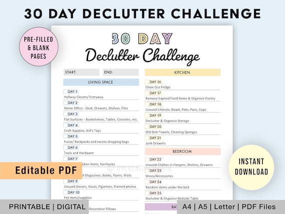 Editable Declutter Challenge Planner Printable Digital 30 - Etsy