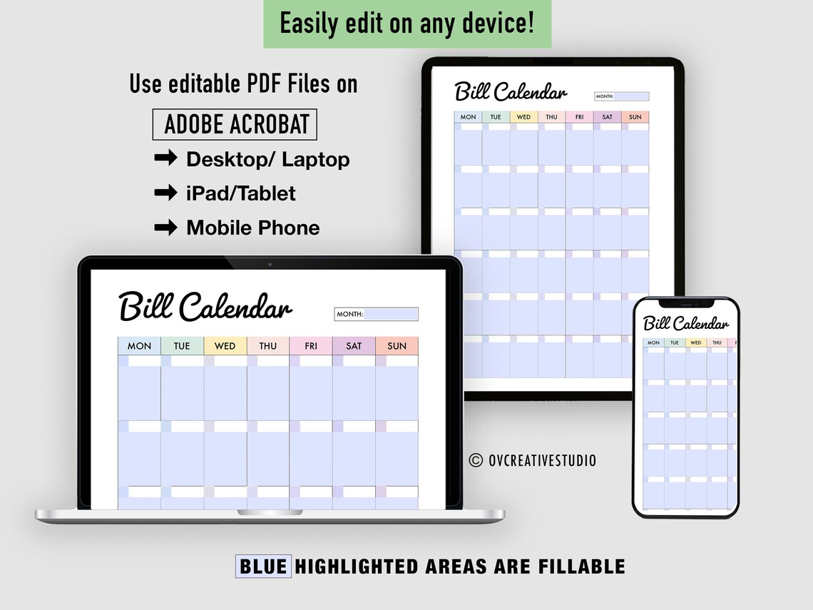 Editable Bill Calendar | Printable Monthly Bill Planner | Monthly Bill ...