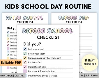 Schoolday Checklist for Kids | Printable Kids Chore Chart | Editable ...