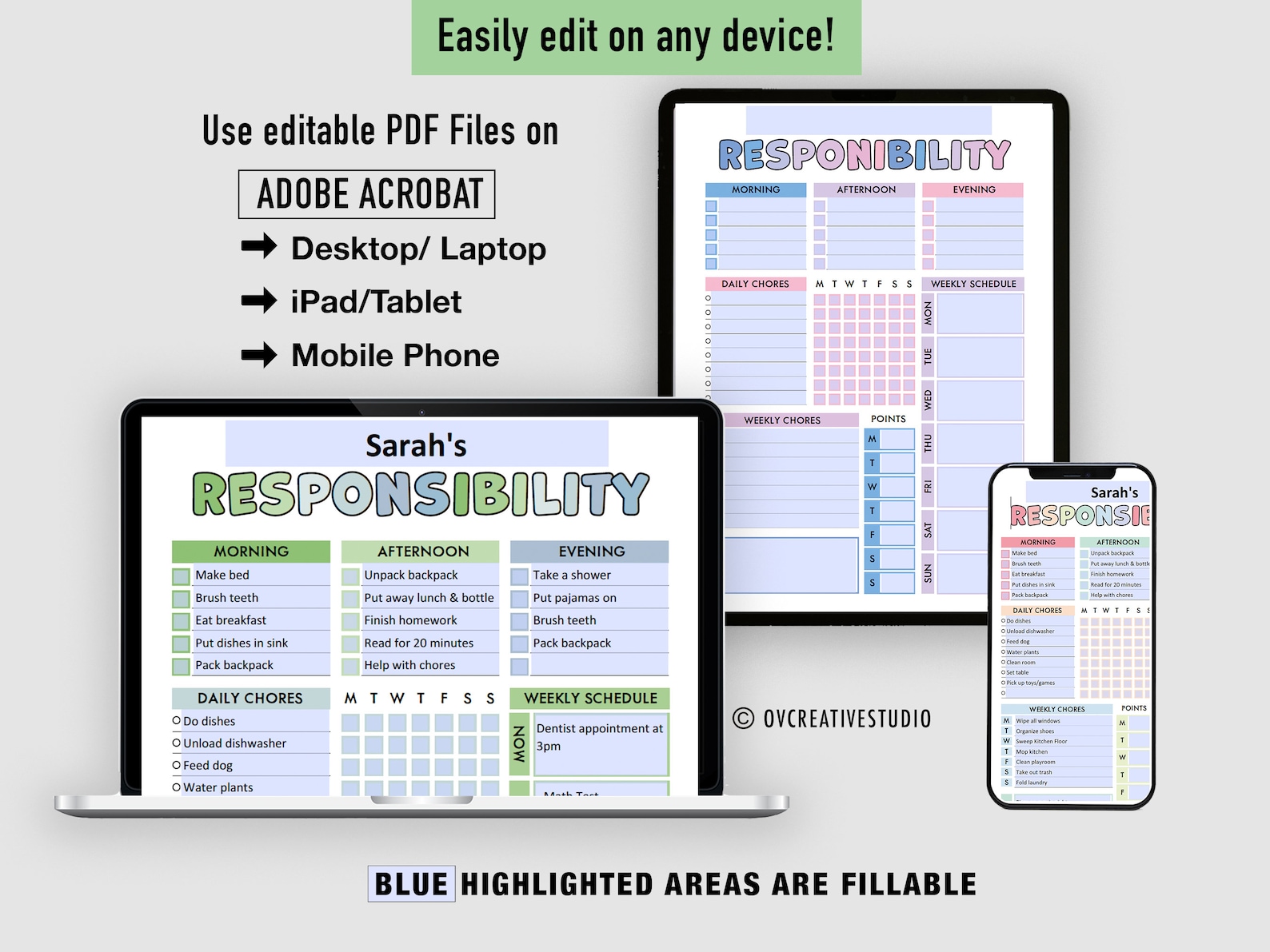 Editable Responsibility Chore Chart for Kids | Printable | Kids Daily ...