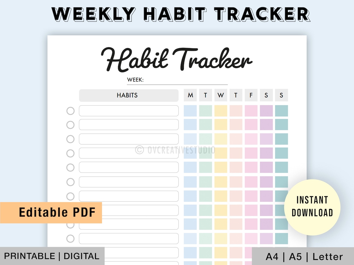 Editable Weekly Habit Tracker Printable Habit Tracker - Etsy