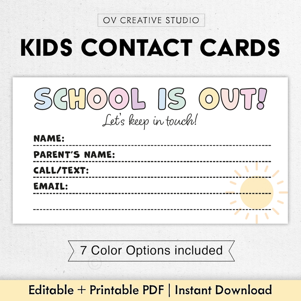 Editable Printable Summer Contact Cards, Kids Play Date Cards, Keep in ...