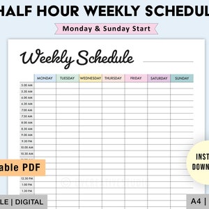 Editable Weekly Schedule Half Hour Weekly Schedule Weekly - Etsy UK