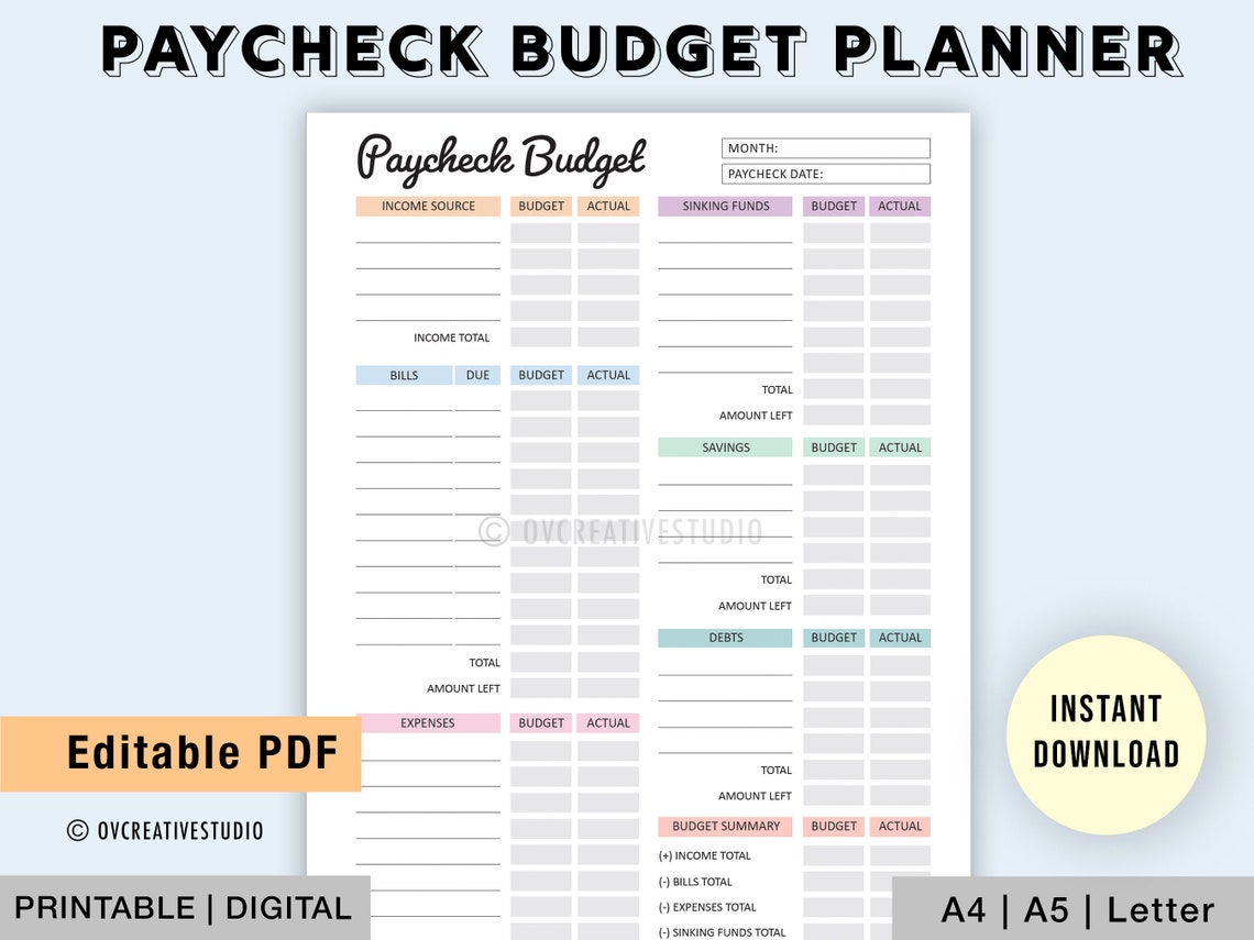 Editable Paycheck Budget Planner Printable Digital | Etsy