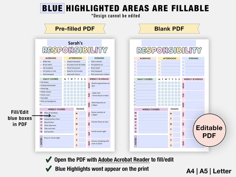 Editable Responsibility Chore Chart for Kids Printable - Etsy