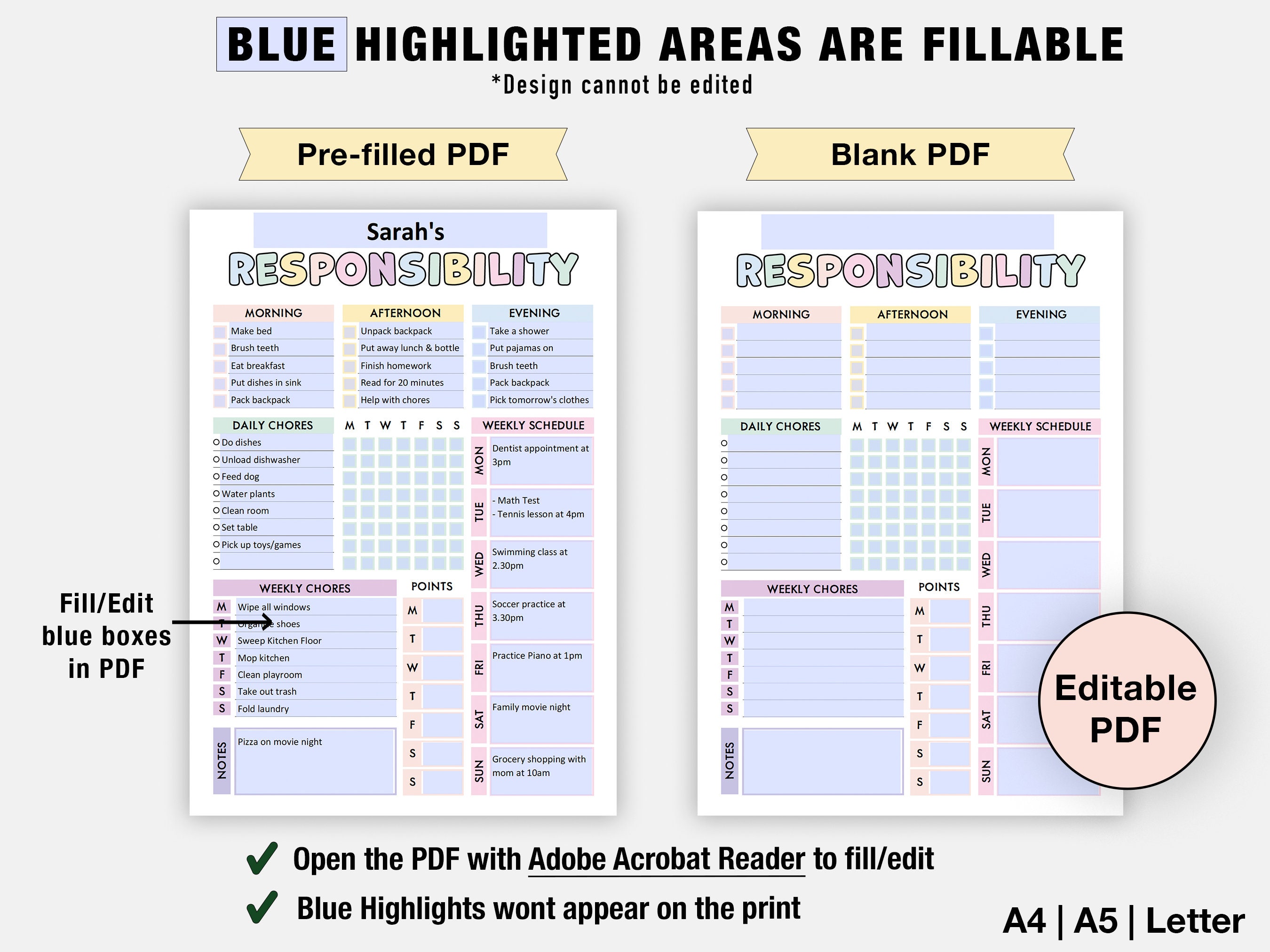 Editable Responsibility Chore Chart for Kids Printable - Etsy UK
