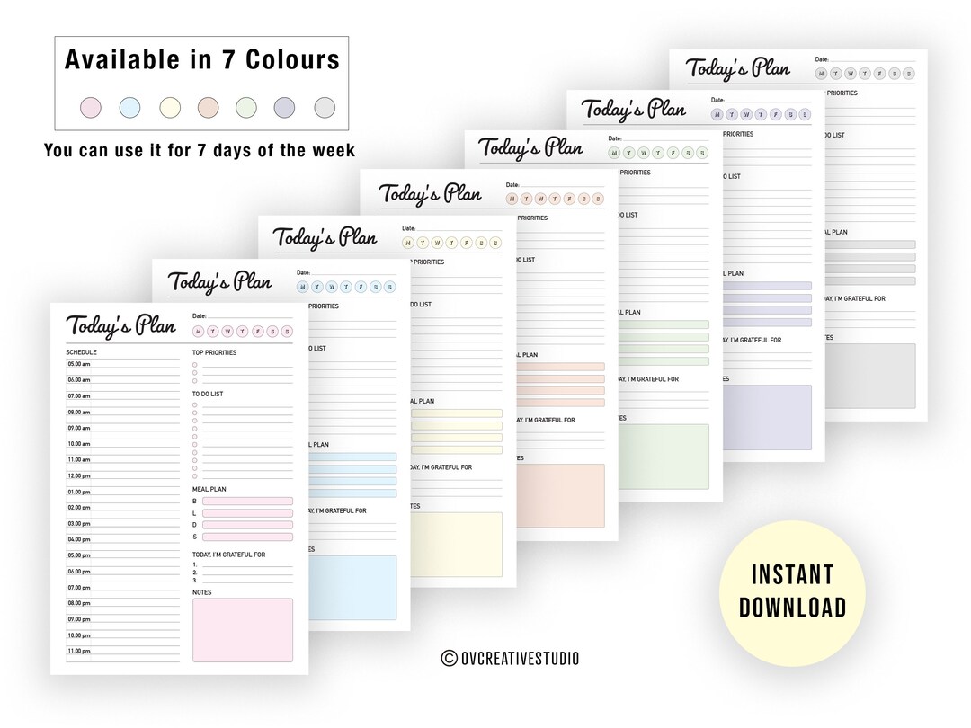 Daily Planner - Printable, Digital | Half Hour Planner | 7 Colour ...