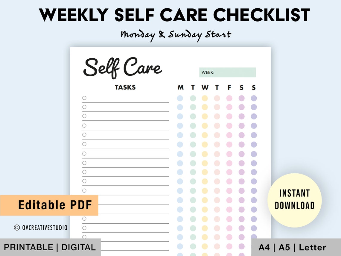 Editable Self Care Checklist | Printable, Digital PDF | Weekly Self ...