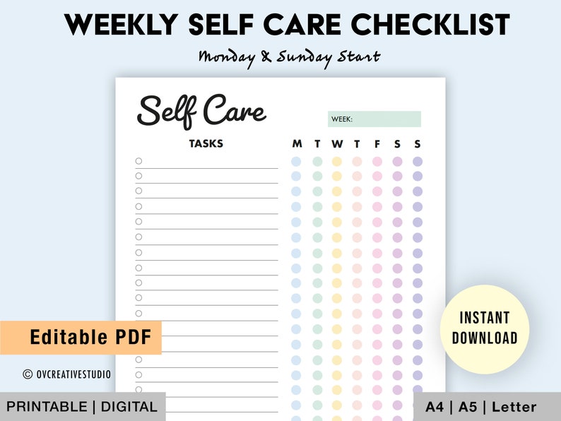 Editable Self Care Checklist Printable Digital PDF Weekly - Etsy Australia