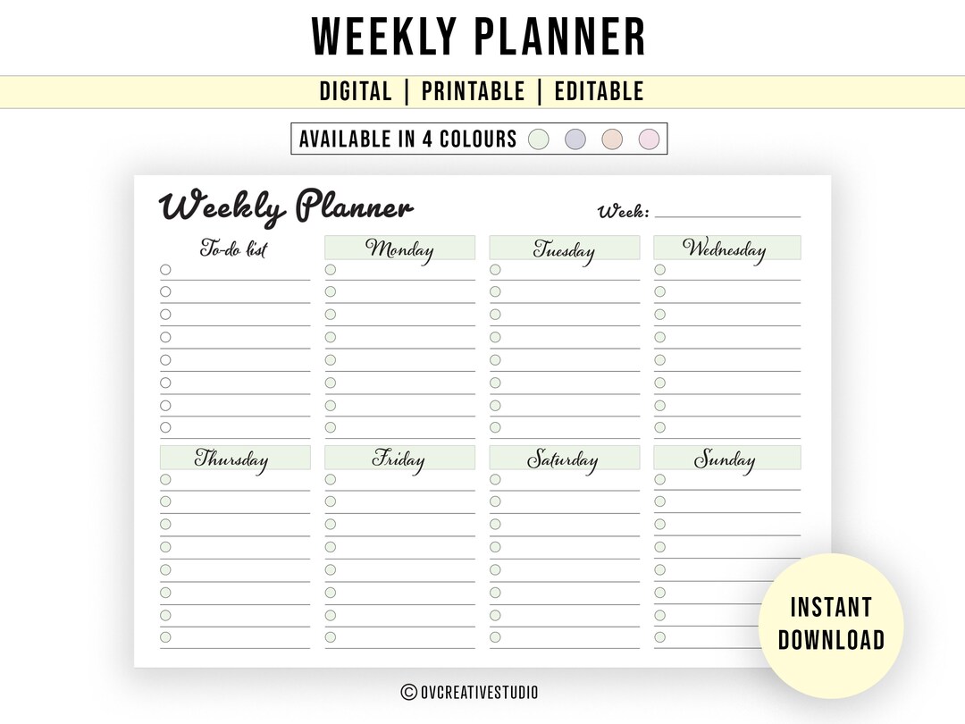 Weekly Planner - Printable, Editable PDF, Digital | to Do List ...
